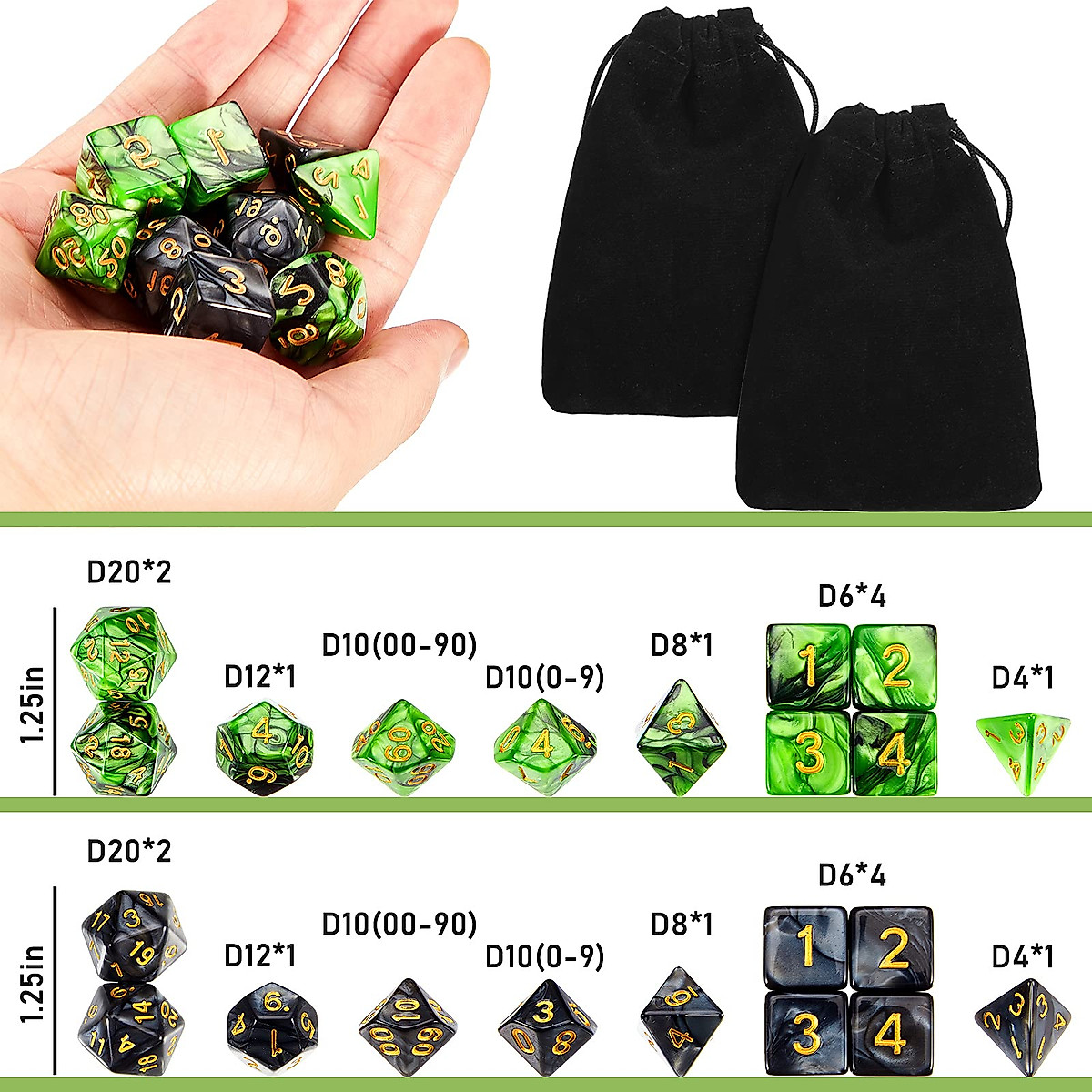 2 Set 11 Dice Polyhedral Dice Set Multisided Dice Set Smooth Touch with Drawstring Bag Compatible with RPG MTG Table Game Dice, 22 Pieces (Green, Black)