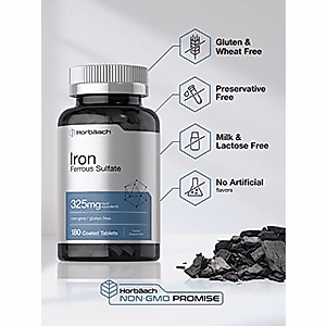 Iron Ferrous Sulfate | 325mg | 180 Count | Vegetarian, Non-GMO & Gluten Free Dietary Supplement | by Horbaach
