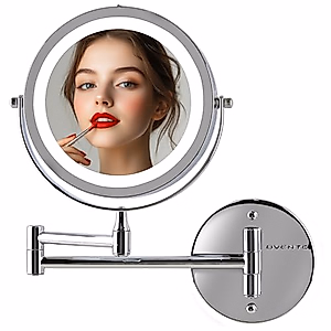 OVENTE 7" Lighted Wall Mount Makeup Mirror with 1X/10X Magnification, Cordless Double Sided Magnifying Round Vanity Mirror, 360° Swivel Design, Extendable and Folding Arm, Polished Chrome MFW70CH1X10X