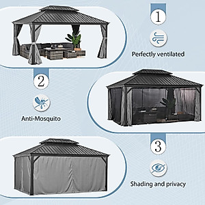 Aoxun 12' x 16' Permanent Hardtop Gazebo with Galvanized Steel Double Roof and Aluminum Frames Outdoor Large Pavilion Gazebo for Patio Deck Garden, Nettings and Curtains Included, Gray