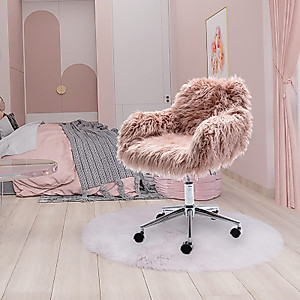 HomVent Fluffy Desk Chair Pink Faux Fur Vanity Chair Adjustable Swivel Computer Chair on Wheels Height Adjustable Cute Desk Chair for Makeup Room Teen Girls Bedroom Home Office (Pink)