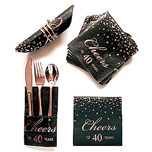 Rose Gold Foil Cocktail Napkins with Cheer 40 Years | Folded 5 x 5 Inches Disposable Party Napkins | 3-Ply Paper Beverage Napkins for 40th Birthday Decorations, Wedding Anniversary, Retirement, Black