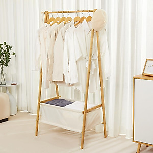 Cozivolife Bamboo Clothes Rack with Storage Box, Garment Rack Clothing Racks for Hanging Clothes, Foldable Wardrobe Storage Rack for Entryway and Bed Room (Natural)