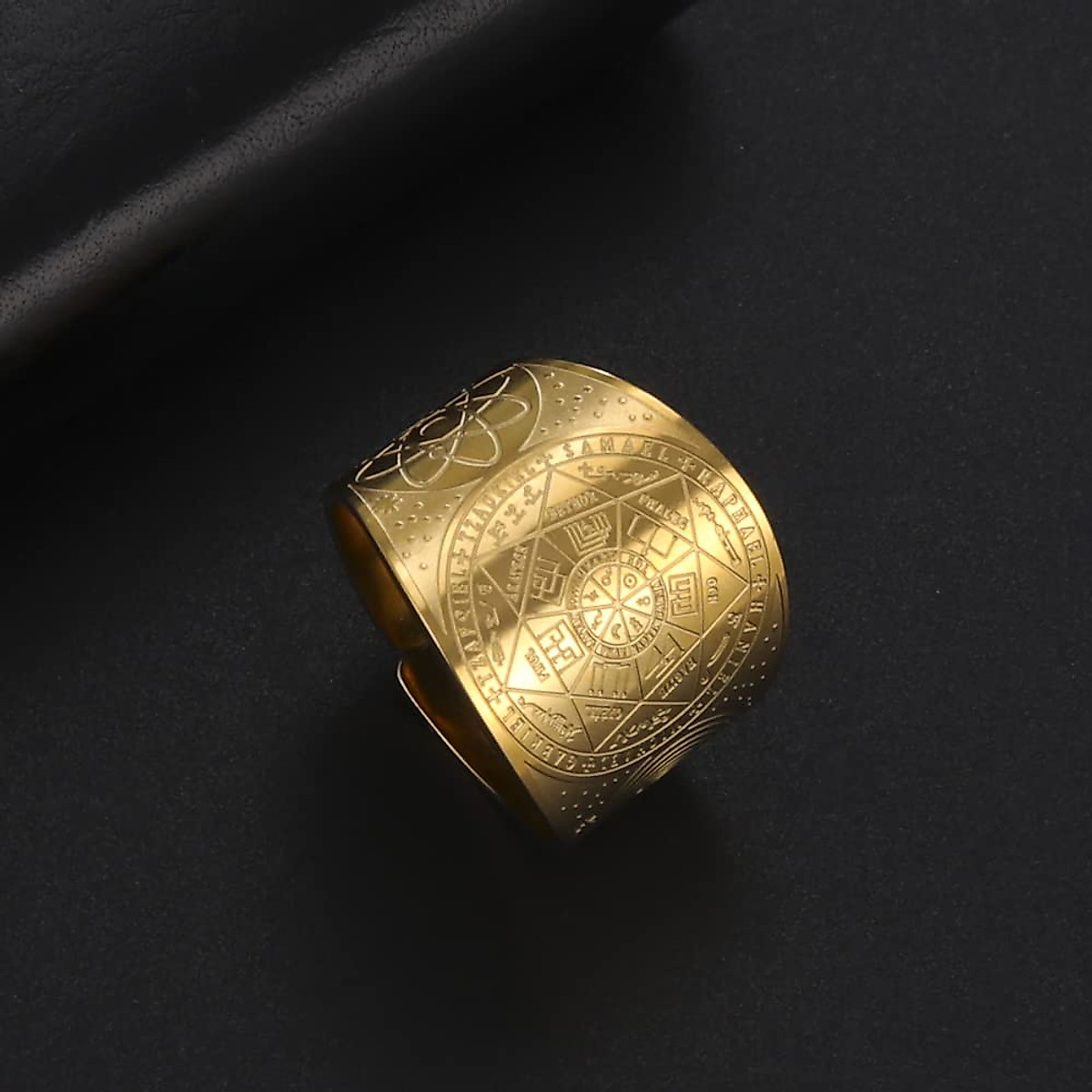 TEAMER Stainless Steel Archangel Metatron Angel of Life Seal Amulet Ring Solomon Vintage Rings Jewelry for Men Women (Gold-Seal of The Seven Archangels, 9)