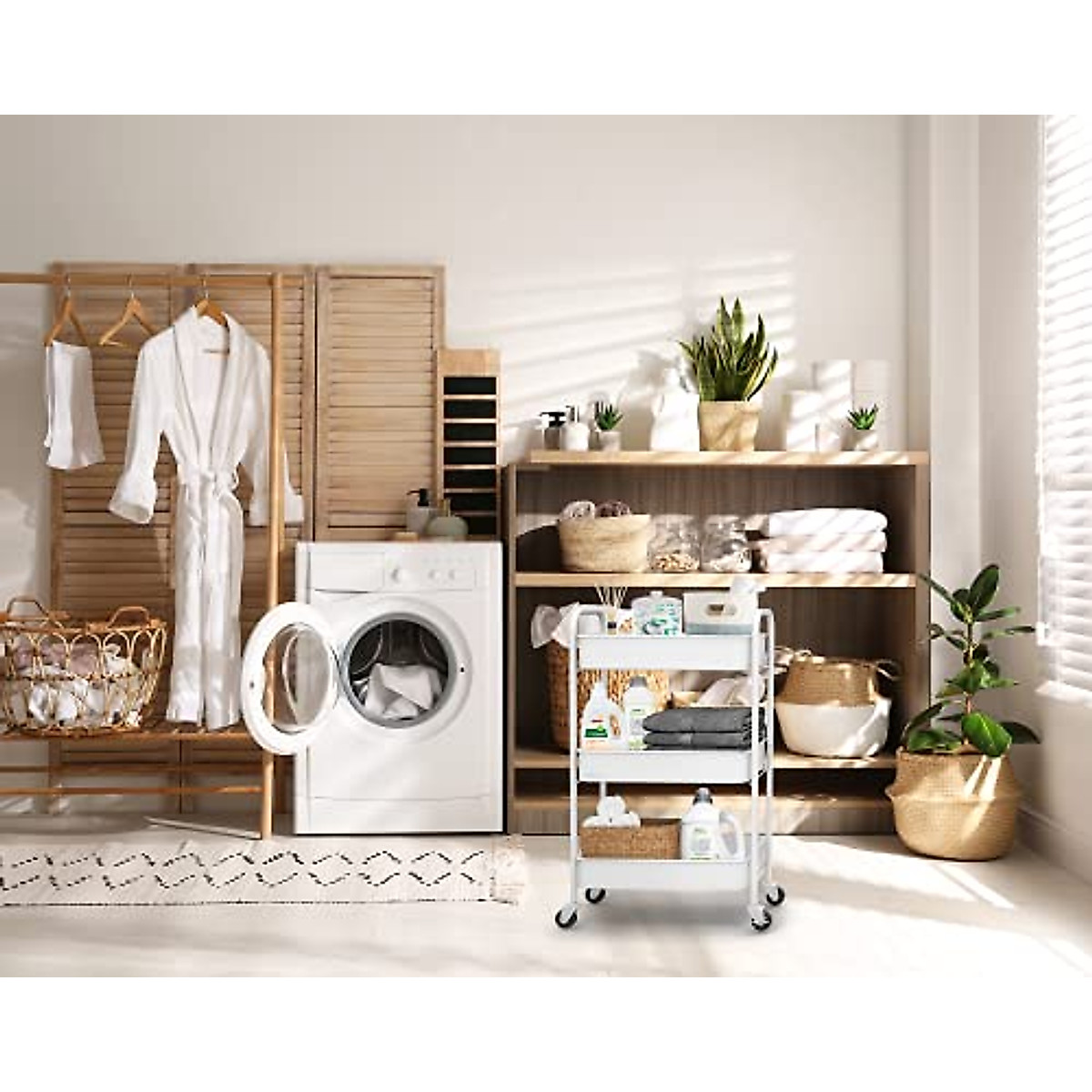 CAXXA 3-Tier Rolling Metal Storage Organizer - Mobile Utility Cart Kitchen Cart with Caster Wheels, White