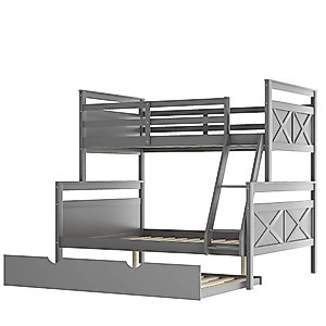 SOFTSEA Twin Over Full Bunk Bed with Trundle, Modern Bunk Bed with Ladder and Guardrails for Kids, Solid Wood Bunk Bed Frame, Can be Converted into 2 Beds Full Bed with Trundle and Loft Bed, Gray