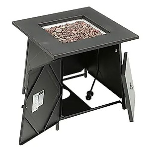 Four Seasons Courtyard Dual Heat 28 Inch Steel Square Gas Outdoor Backyard Tabletop Fire Pit with Lava Rocks and Steel Cover Lid, Black