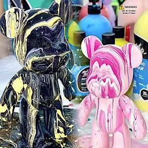 InSassy 9" Easy DIY Create Customize Art and Craft Kits Non-Toxic Fluid Pour Over Acrylic Paint Bear Kit for Boys and Girls (Silver-Ocean Blue-Deep Purple)