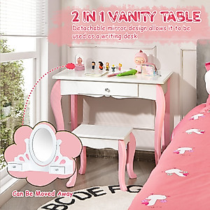 Olakids Kids Vanity Set, 2 in 1 Wooden Princess Makeup Table and Chair Set with 360° Rotating Mirror Detachable Top Storage Drawer, Girls Pretend Beauty Dressing Play Toy Gift (White)