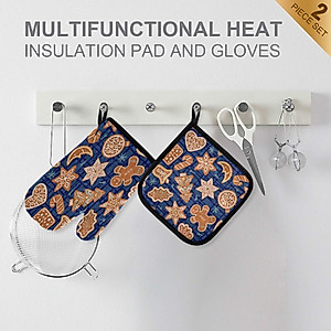 Blueangle Christmas Gingerbread Cookies Oven Mitts and Pot Holders Set, Heat Resistant Kitchen Gloves for Oven Cooking, Grill & BBQ | Cotton Lining Gloves with Hanging Loop
