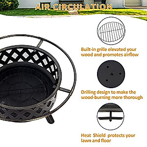 Amopatio Fire Pit for Outside, 30 Inch Large Outdoor Wood Burning Fire Pits, Patio Backyard Firepit with Steel BBQ Grill Cooking Grate, Spark Screen & Poker for Garden, Bonfire, Camping, Picnic