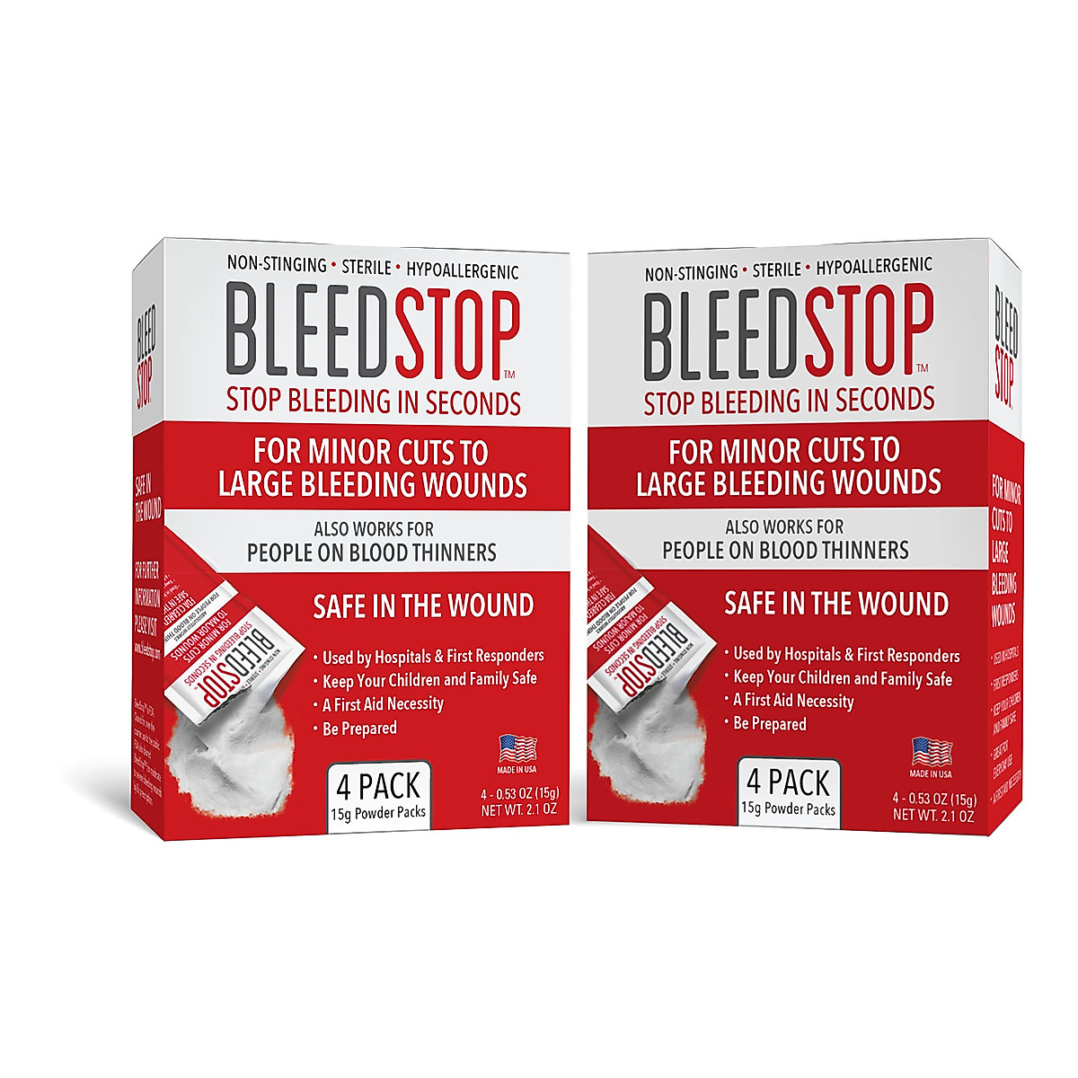 BleedStop™ First Aid Powder for Blood Clotting, Trauma Kit, Blood Thinner Patients, Camping Safety, and Survival Equipment for Moderate to Severe Bleeding Wounds or Nosebleeds (Double 4 Pack 15g)