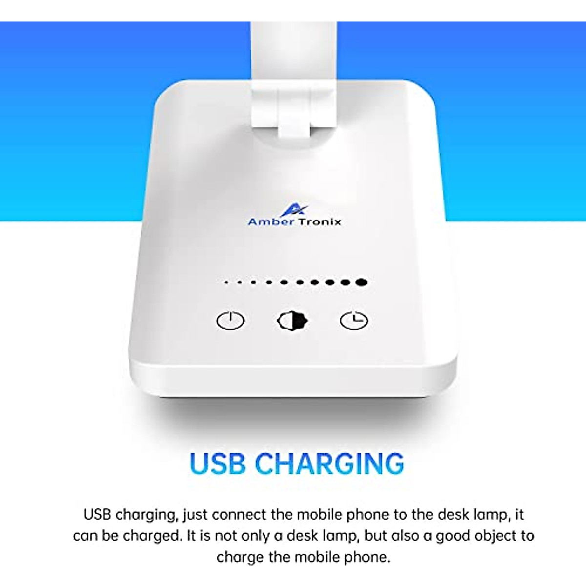 Ambertronix LED Desk Lamp with USB Charging Port, Dimmable Eye-Caring Reading Desk Light for Home, with 5 Brightness Level & 3 Lighting Modes, Touch Control, Auto Timer (White)