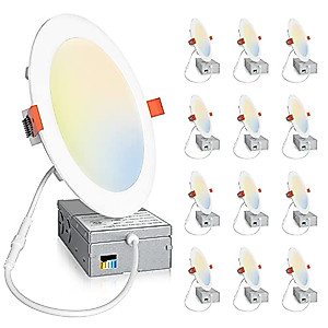 Amico 12 Pack 6 Inch 5CCT Ultra-Thin LED Recessed Ceiling Light with Junction Box, 2700K/3000K/4000K/5000K/6000K Selectable, Dimmable Canless Light, 1200LM High Brightness Downlight, 15W Eqv 130W, ETL
