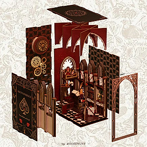 𝗠𝗶𝗻𝗶𝗖𝗶𝘁𝘆 Book Nook Kit, DIY Miniature Dollhouse Booknook Kit, 3D Wooden Puzzle Bookend Bookshelf Insert Decor with LED Light for Teens and Adults (Alice in Wonderland)