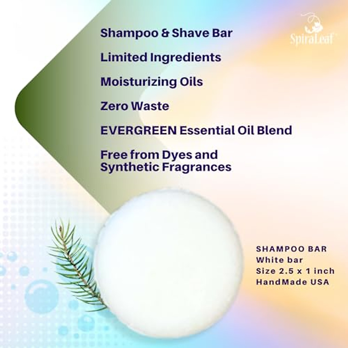 SpiraLeaf Shampoo & Shave Bar, Essential Oils, Limited Ingredients, Concentrated Formula, USA Made (Evergreen)