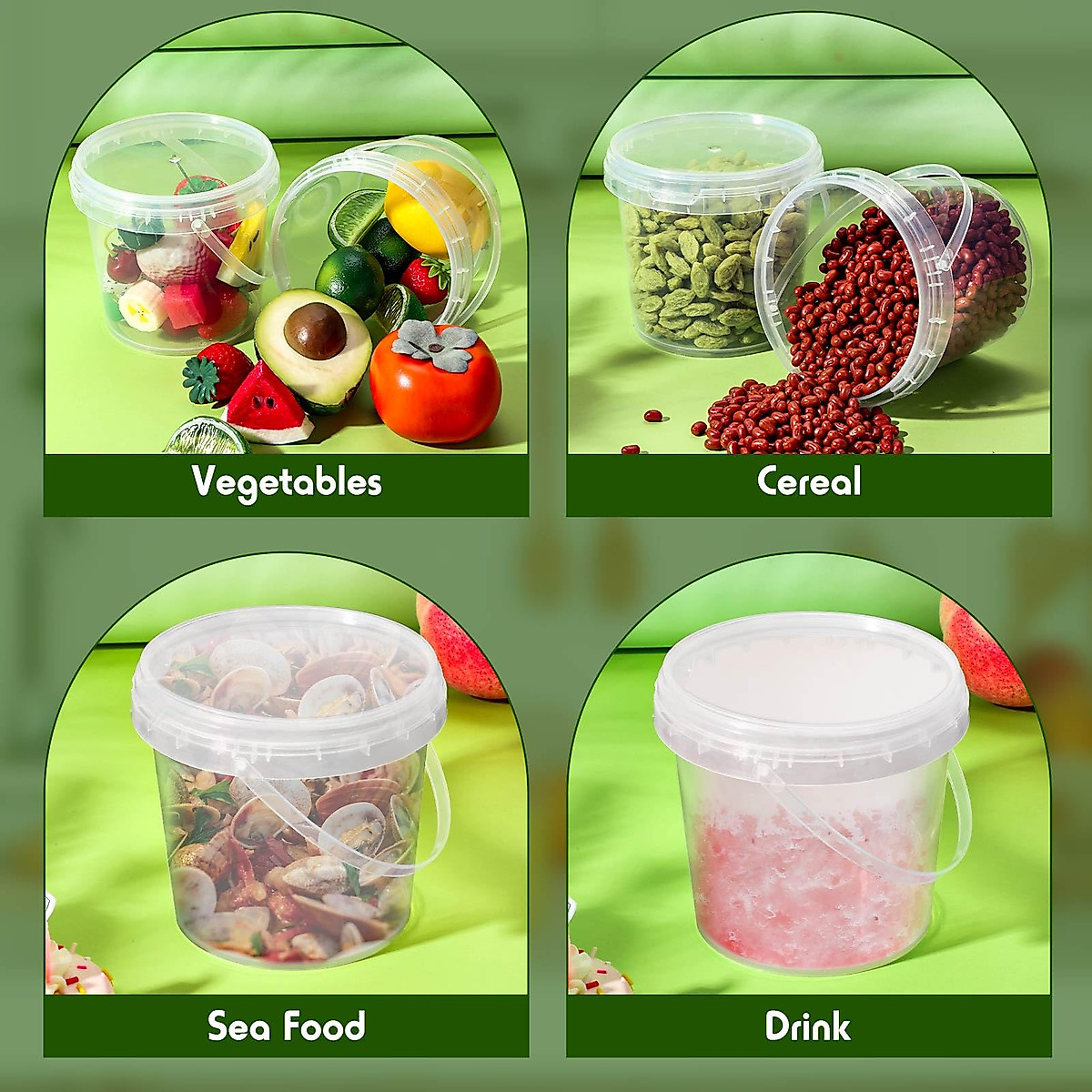 Mifoci 50 Pcs Food Clear Bucket Plastic Gallon Bucket Round Reusable Ice Cream Containers with Lids and Handles Airtight Clear Plastic Tub Freezer Reusable Pail for Kitchen Drinks Home (24oz)