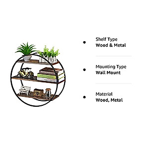 BCOZLUX Floating Shelves, 3 Tier Decorative Geometric Circle Metal and Wood Wall Shelves, Bathroom Shelf Round Wall Decor, Rustic Brown