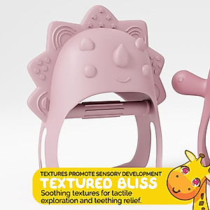 Baby Teether Pack of 2 Wearable teether Pink Pacifier Teether Toy - Little Chick Teether Mini Dino Teether - Rose Pink Teether and Turkish Pink by Muqee Peeko