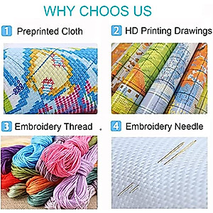 Scenery Stamped Cross Stitch Kits - Counted Cross Stitch Kits for Beginners Adults Needlepoint Garden Flower Tree Cross-Stitch Patterns Dimensions Needlecrafts Embroidery Kits Arts and Crafts