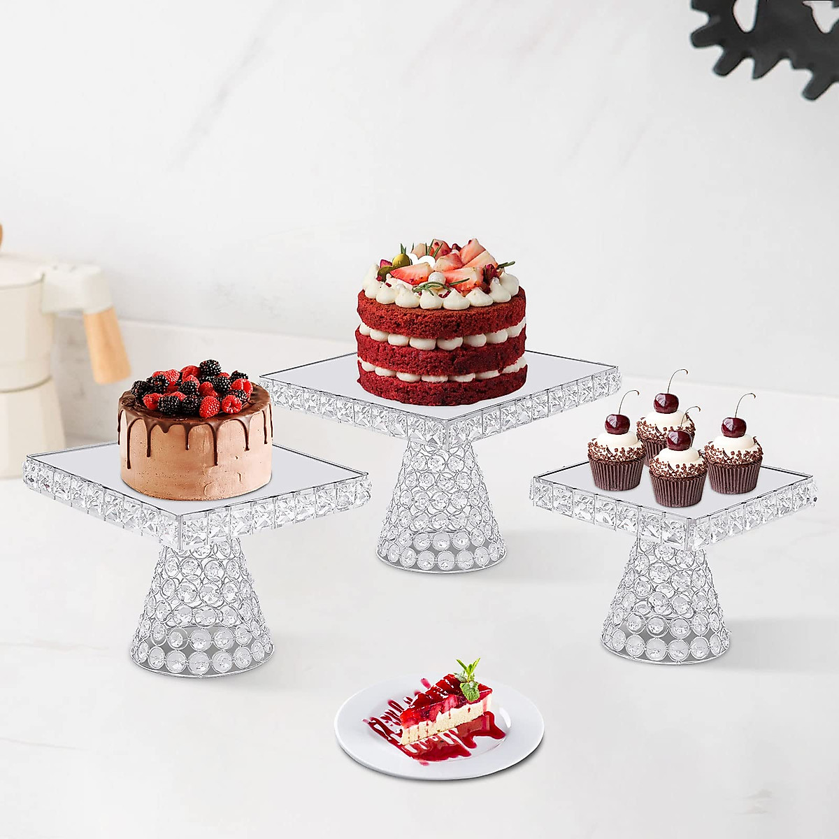 3pcs Crystal Cake Stand, Mirror Cake Tray Dessert Cupcake Pastry Candy Display Plate for Christmas Wedding Event Party Decoration (Silver)