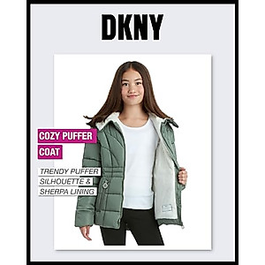 DKNY Girls' Winter Coat - Sherpa Fur Lined Heavyweight Quilted Puffer Parka - Insulated Winter Ski Jacket for Girls (4-16), Size 7-8, Sage