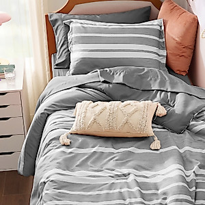 Bedsure Twin Comforter Set 5 Pieces, Grey Striped Bedding Set for Twin Size Bed Reversible, Cationic Dyeing Bed in a Bag with Comforter, Sheets, Pillowcase & Sham
