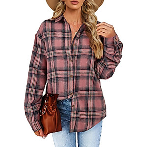 Womens Long Sleeve Flannel Shirts Plaid Flannels lapels Collared Button Down Shacket Casual Rolled Up Boyfriend Blouse Tops Pink