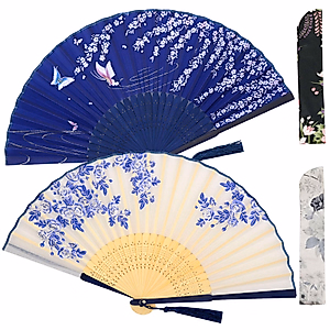 Zolee 2 PCS Small Folding Hand Fans for Women - Chinese Japanese Vintage Bamboo Silk Fans - for Dance, Performance, Decoration, Wedding, Party，Gift (White Rose & Blue Sakura)