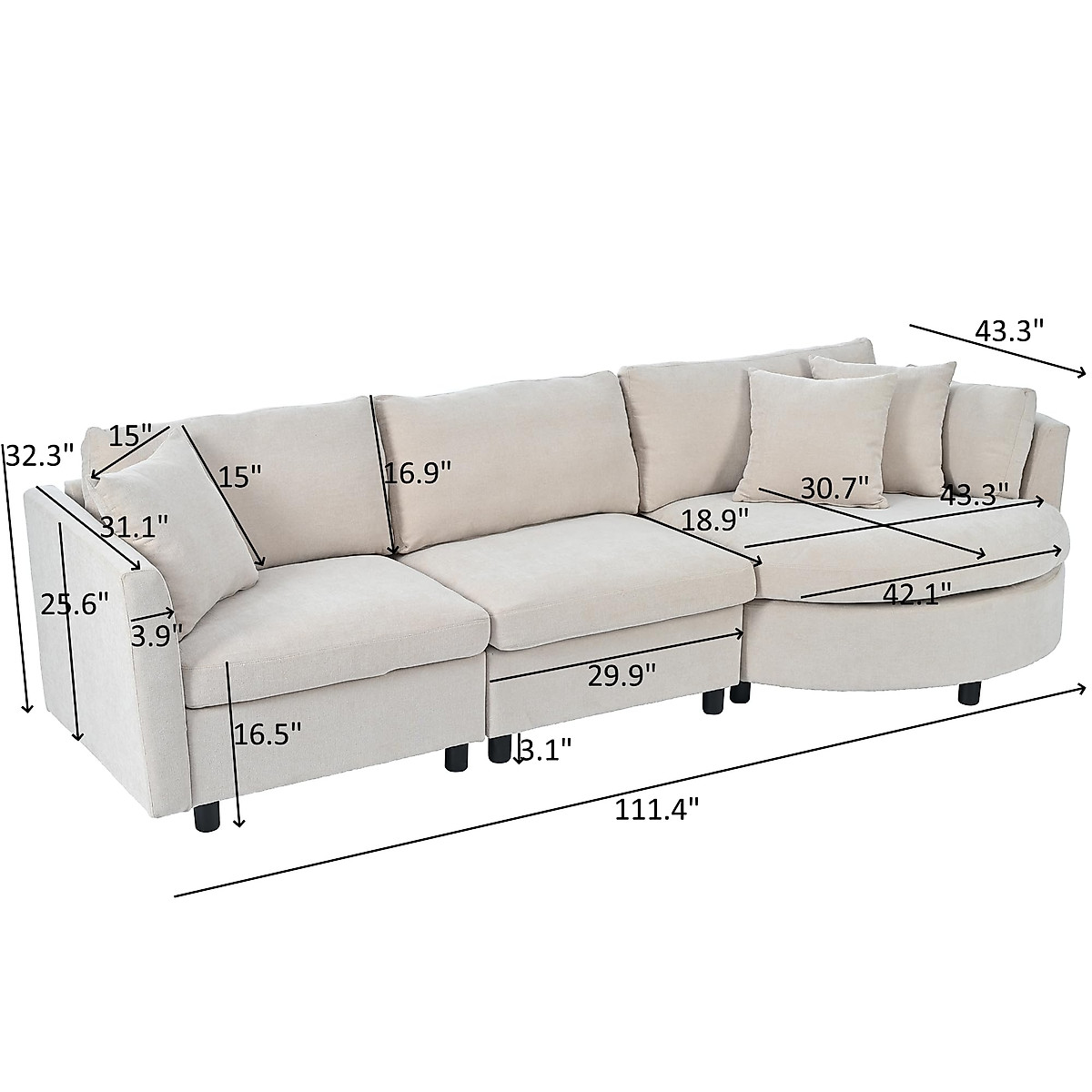 Tmsan 111.4" Curved Sectional Sofa Couch for Living Room, Modern Chenille Cloud Sofa Deep Seat 3 Seat Sofa Couch with 3 Pillows for Apartment Office