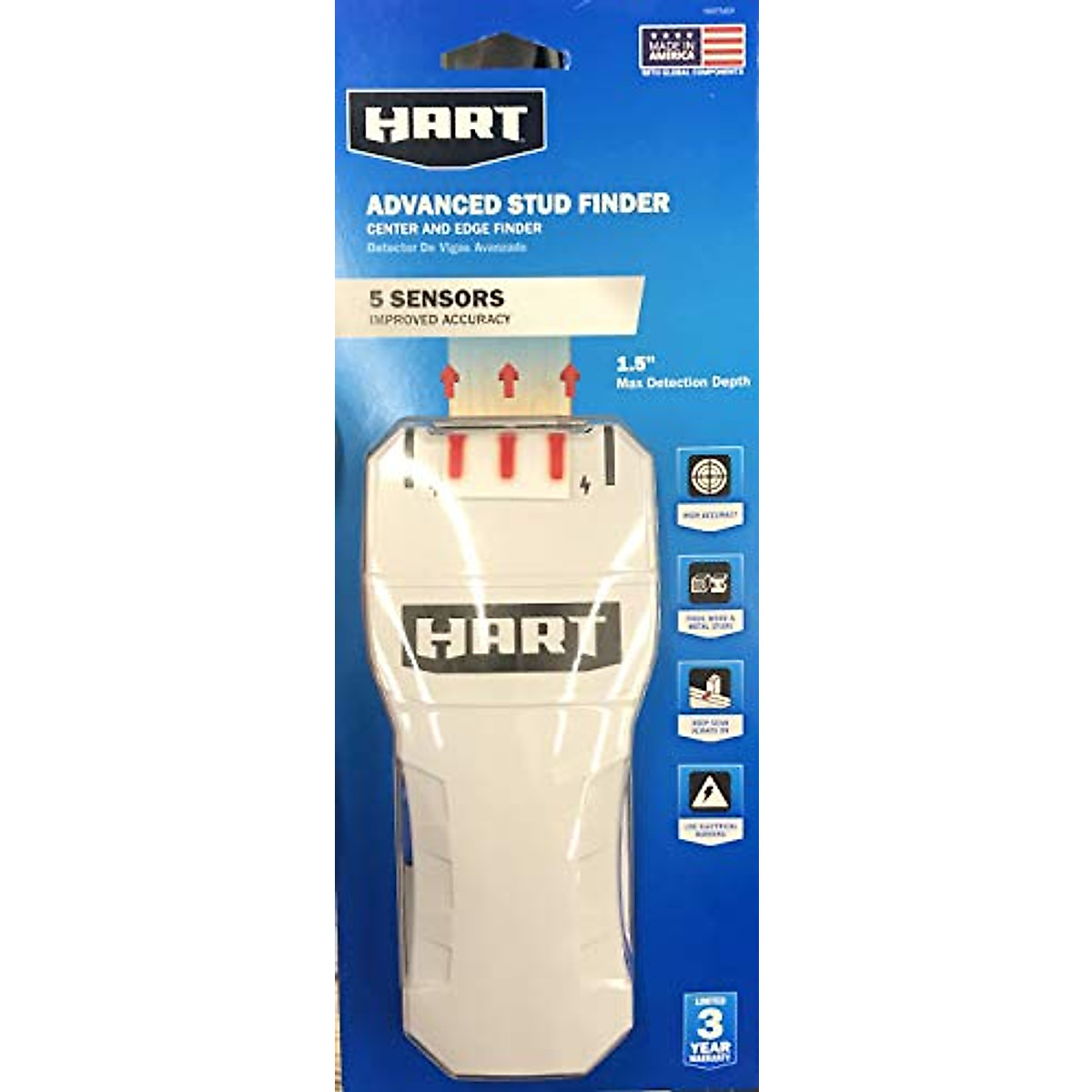 HART ADVANCED STUD FINDER 5-SENSORS • 1.5" DETECTION DEPTH Finds Wood & Metal Studs | Live Electrical Warning | CENTER & EDGE FINDER