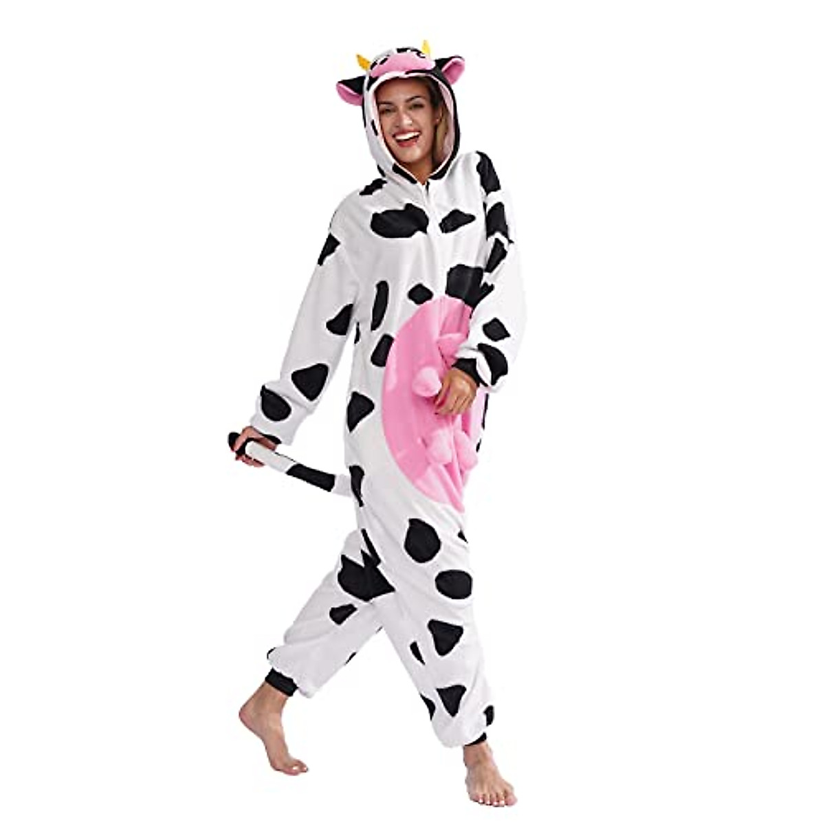 Adult Cow One-Piece Pajamas Animal Cosplay Halloween Costume for Men Women