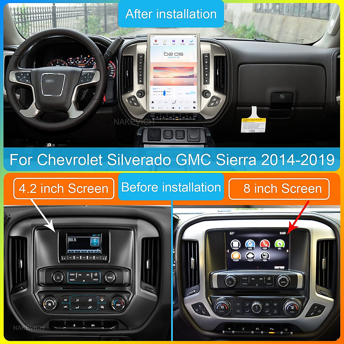 NAKEVICH 14.4 Inch Qualcomm Android 11 Car Radio for Chevrolet Silverado GMC Sierra 2014-2019 Stereo Upgrade Tesla Style Dash 2K IPS Touch Screen Android Auto GPS Navigation Multimedia Play