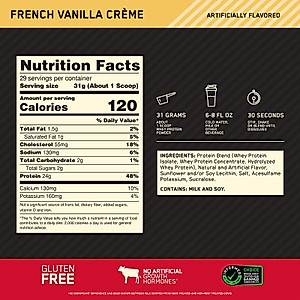 Optimum Nutrition Gold Standard 100% Whey Protein Powder, French Vanilla Creme, 2 Pound (Packaging May Vary)