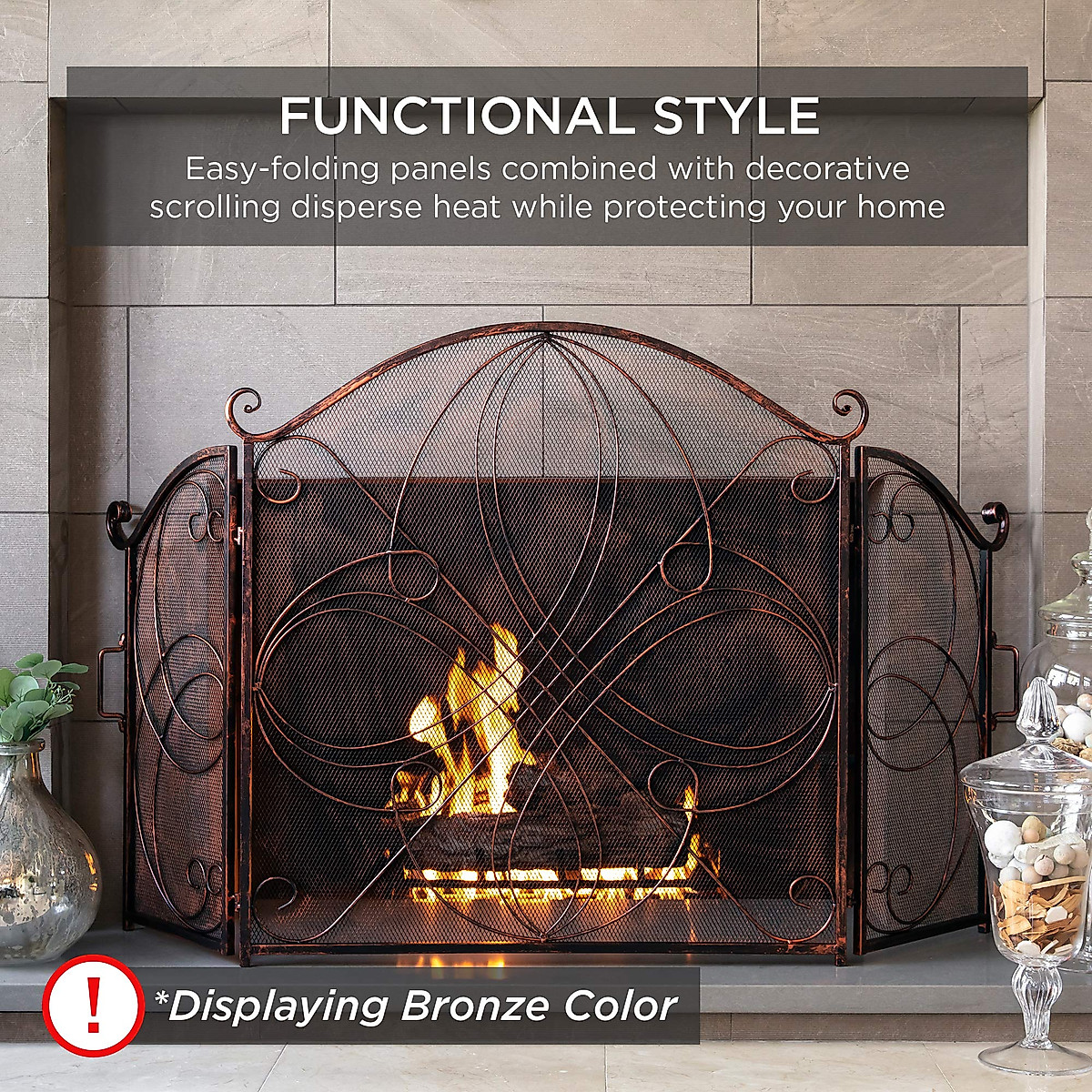 Best Choice Products 3-Panel 55x33in Solid Wrought Iron See-Through Metal Fireplace Screen, Spark Guard Safety Protector w/Decorative Scroll - Gold