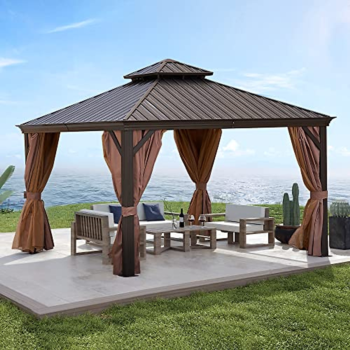 EMKK 12x12FT Hardtop Gazebo, Patic Gazebo Wooden Coated Hardtop Frame Canopy with Galvanized Steel Double Roof, Outdoor Permanent Metal Pavilion with Curtains and Netting for Deck,Garden, Backyard