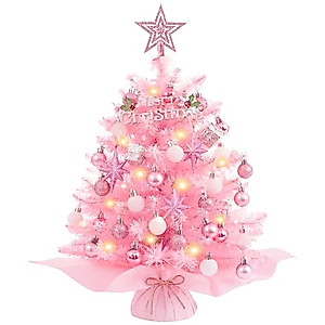 XmasExp 20in Mini Christmas Tree with Lights Pink Small Christmas Tree Artificial Tabletop Xmas Decor Holiday Decoration for Home, Office, Party