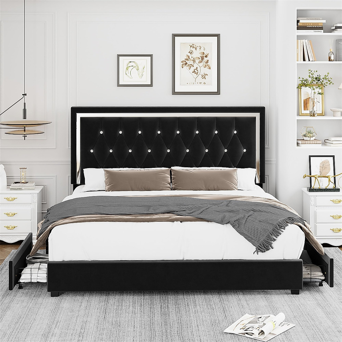 HITHOS King Size Bed Frame with 4 Storage Drawers and Adjustable Headboard, Modern Upholstered Platform Bed with Wood Slat Support, Diamond Button Tufted Design, No Box Spring Needed (Black, King)