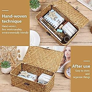 BESPORTBLE Handwoven Seagrass Rattan Storage Basket Rattan Storage Basket Multipurpose Container with Lid for Decoration, Picnic, Groceries and Toy Storage