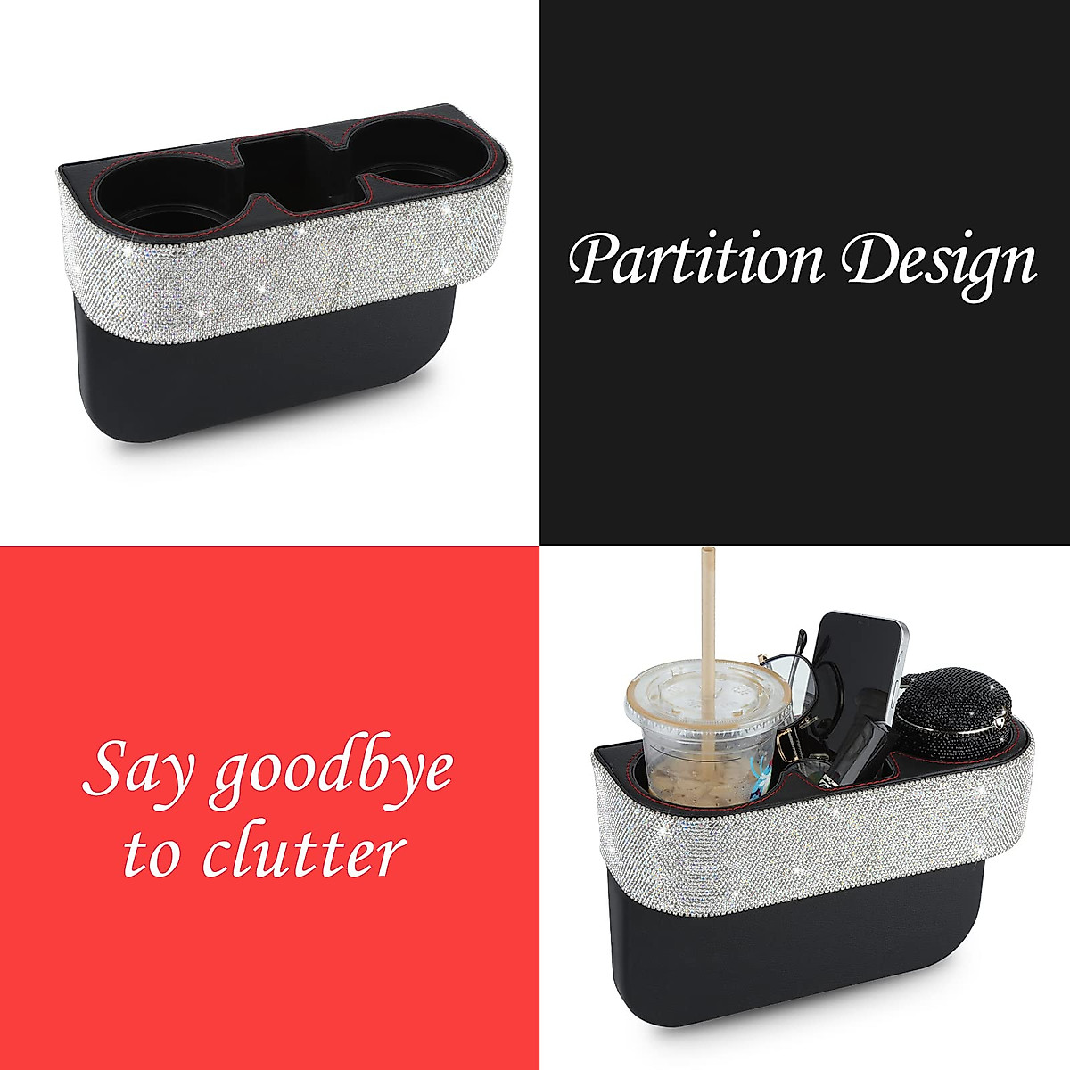 Drink Holder Console Side Pocket,Auto Front Seat Organizer Car Console and Seat Gap Cup/Mobile Phone Holder Storage Box,Large Capacity with 3 Cup Holders,1 - Pack