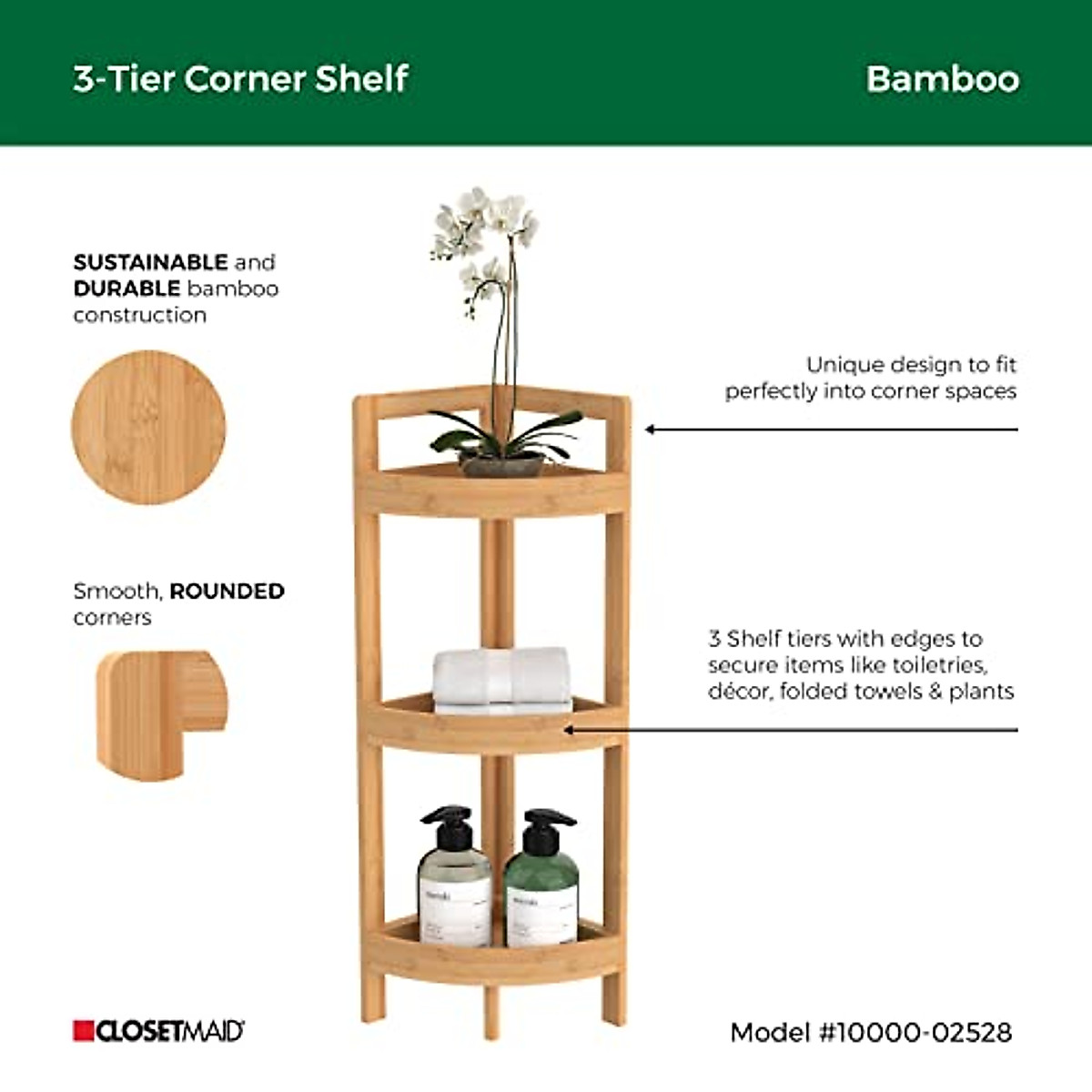 ClosetMaid Corner Shelf, 3 Tiers with Display Shelves, Floor Standing Bookshelf, Small Space Shelving Unit, Plant Stand, Bamboo Wood