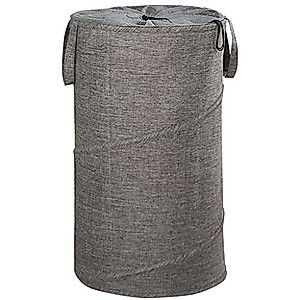 WDHome Mesh Pop-Up Laundry Hamper,Folding Cylinder Laundry Basket for Dirty Clothes, Children's Toys Basket,Toy Box Organizer - with Handle and Drawstring Lid(Gray)