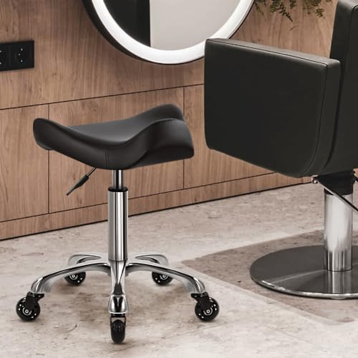 WKWKER Heavy Duty Rolling Stool with Wheels Hydraulic Swivel Adjustable Rolling Stool Ergonomic Thick Irregular Leather Seat Stool Chair for Kitchen Drafting Lab Office Salon Message Stool – Black