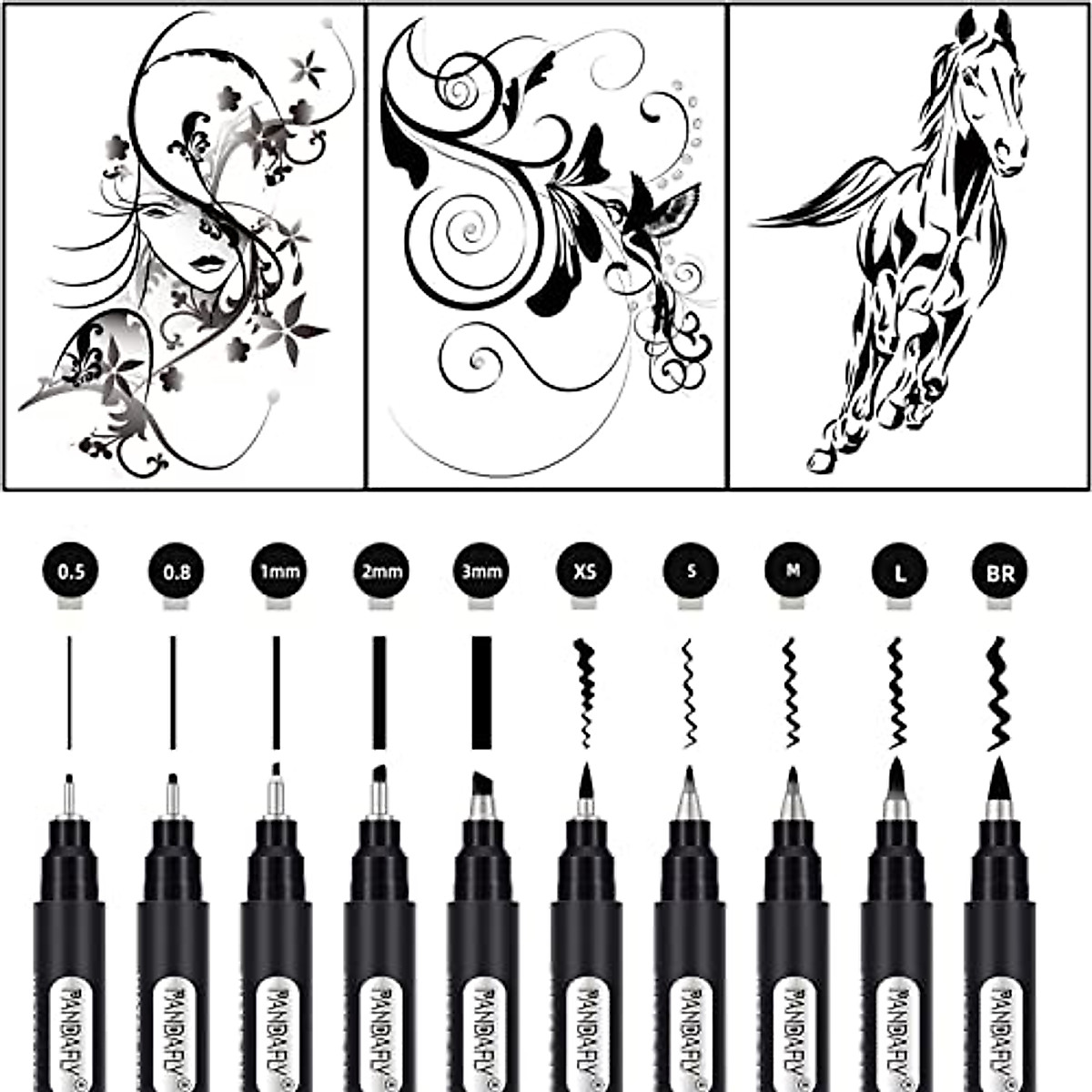PANDAFLY Calligraphy Pens, 10 Size Calligraphy Pens for Writing, Brush Pens Calligraphy Set for Beginners, Hand Lettering Pens, Brush Markers Set, Black Ink Drawing Pens