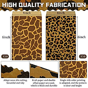 100 Pieces Jungle Animal Kraft Paper Bags Leopard Zebra Giraffe Print Paper bags Small flat plain Paper Treat Bags for Candy, Cookies, Merchandise, pens, Party Favors, 4 x 6 Inches