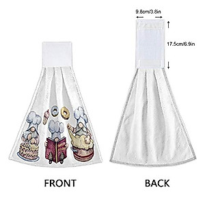 KOCOART Gnome Bakers Kitchen Hand Towels Sweet Donut Cake Hanging Towel Dishcloths with Loop 2PCS, Soft Super Absorbent Fingertip Towel for Bathroom Washroom Guestroom Hotel 12x17 in