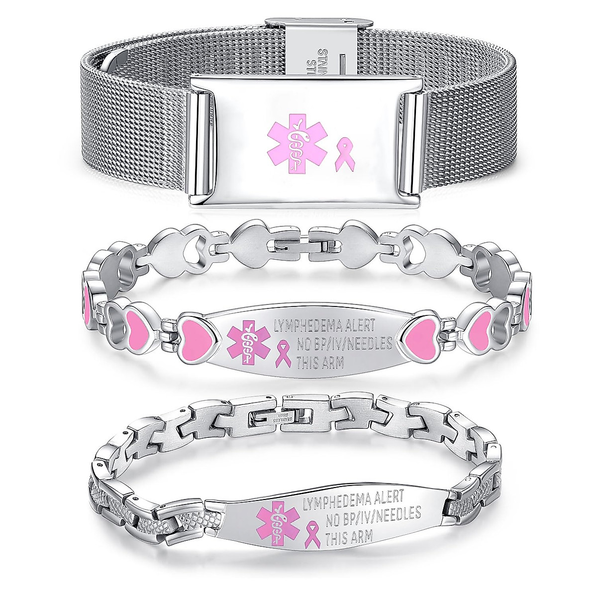 LinnaLove Lymphedema Alert Bracelets No Needle or BP Bracelets Stainless Steel Medical Bracelets for Women (Customize)