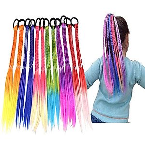Colored Braids Hair Extensions with Rubber Bands Rainbow Braided Synthetic Hairpieces Ponytail Hair Accessories for Women Kids Girls Party Highlights Cosplay Dress Up (12PCS A Style)