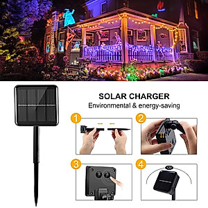 kemooie 2 Pack Total 200 LED Solar Halloween Lights, 8 Twinkle Modes Upgraded Solar Powered Fairy Lights, for Outdoor, Garden, Balcony Party Halloween Decorations (Purple and Orange)