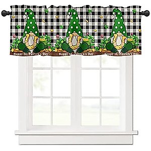 Valances for Windows St. Patrick's Day Clover Gold Coin Gnomes Black White Buffalo Plaid Kitchen Valances for Windows Rod Pocket Window Valance Curtains,Semi Sheer Valance for Kitchen 54" x18"